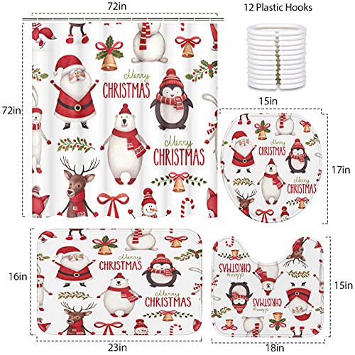 Britimes 4 Piece Shower Curtain Sets with 12 Hooks, Christmas Santa Claus Penguin with Non-Slip Rugs, Toilet Lid Cover and Bath Mat, Durable and Waterproof, for Bathroom Decor Set, 72" x 72"