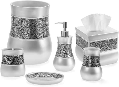 Creative Scents Silver Bathroom Accessories Set complete - Decorative Crackled Glass 6 Piece Bathroom Set Features: Trash Can, Tissue Box Cover, Soap Dispenser, Toothbrush Holder, Soap Dish, & Tumbler