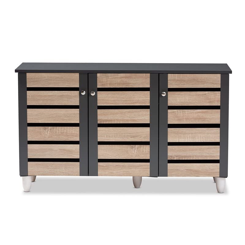 BOWERY HILL Modern and Contemporary Two-Tone Oak Wood 3-Door Shoe Cabinet in Dark Gray