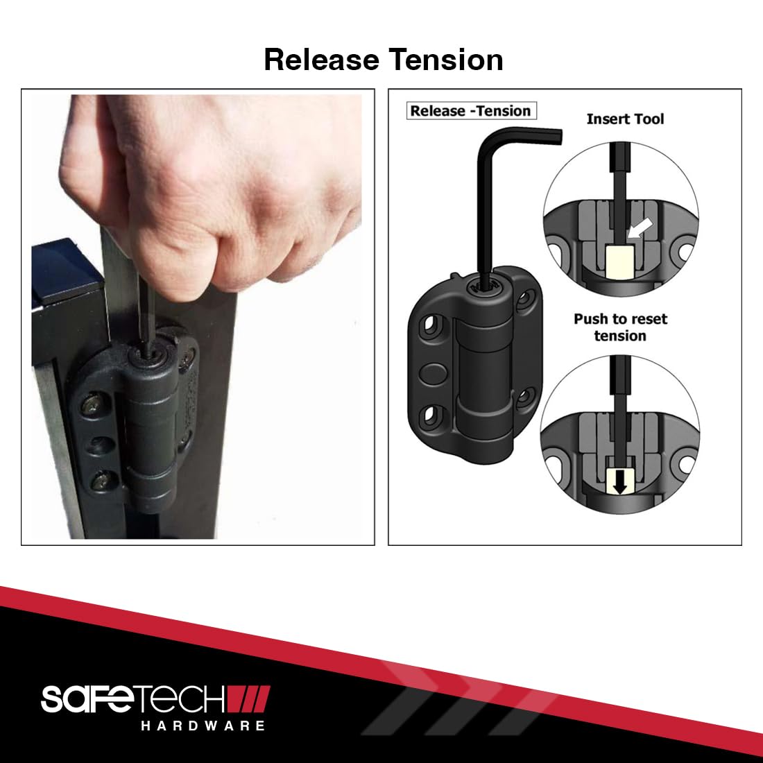 Safetech Hardware MegaKlik Self Closing Gate Hinges | Self-Aligning Heavy Duty Spring Hinges | Adjustable Tension | Pool safety Hinge | Square Post, Aluminum Gates | Swing Close 185 lbs SHH135 - Black