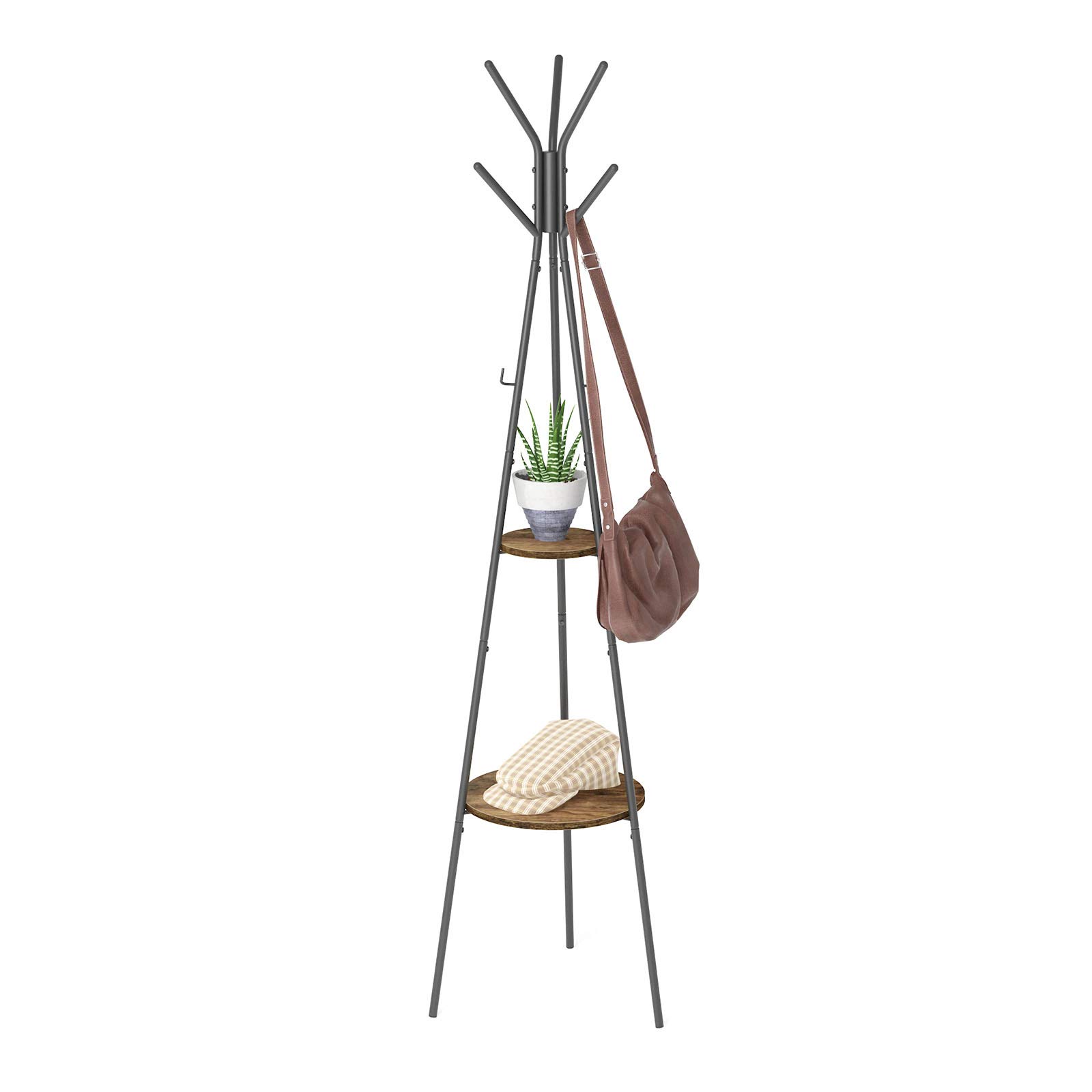 Kiimeey Coat Rack Industrail Metal Freestanding Corner Coat Stand With 2 Shelf