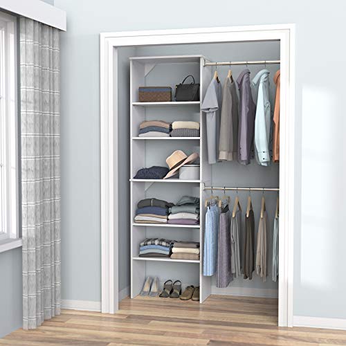 ClosetMaid SuiteSymphony Wood Closet Organizer Starter Kit Tower and 3 Hang Rods, Shelves, Adjustable, Fits Spaces 5 β 10 ft. Wide, Pure White, 25"