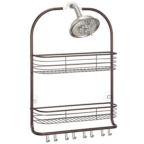 mDesign Extra Wide Hanging Shower Caddy Storage Organizer, Metal Wire Bathroom Organization Center with Built-In Hooks and Baskets on 2 Levels for Shampoo, Body Wash, Loofahs - Bronze