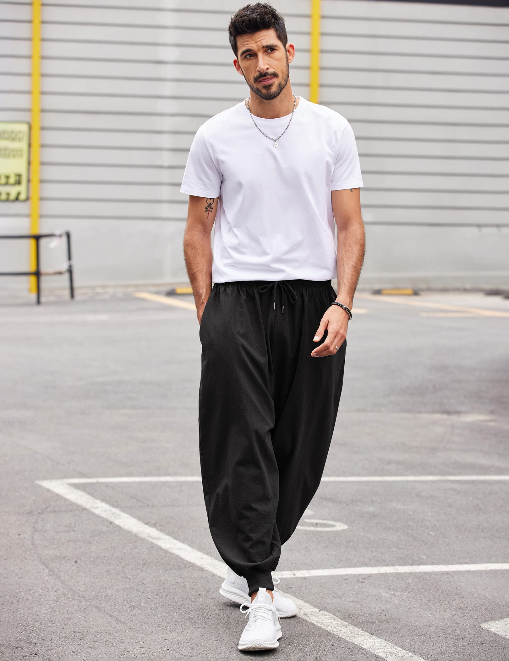 COOFANDY Mens Harem Pants Linen Casual Yoga Loose Fit Hippie Pants Lightweight Beach Trouser Cotton Summer Pants Black