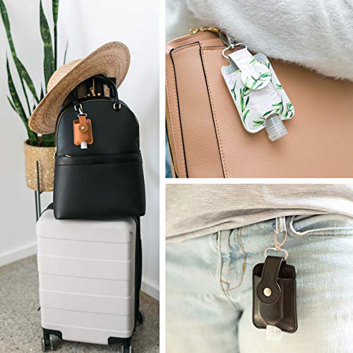 VENTURED LIVING Hand Sanitizer Holder Keychain Set of 2 - Premium Vegan Leather & Leakproof Empty Hand Sanitizer Bottles - Mini Travel Hand Sanitizer Keychain Holder for Backpack & Purse (Black & Tan)