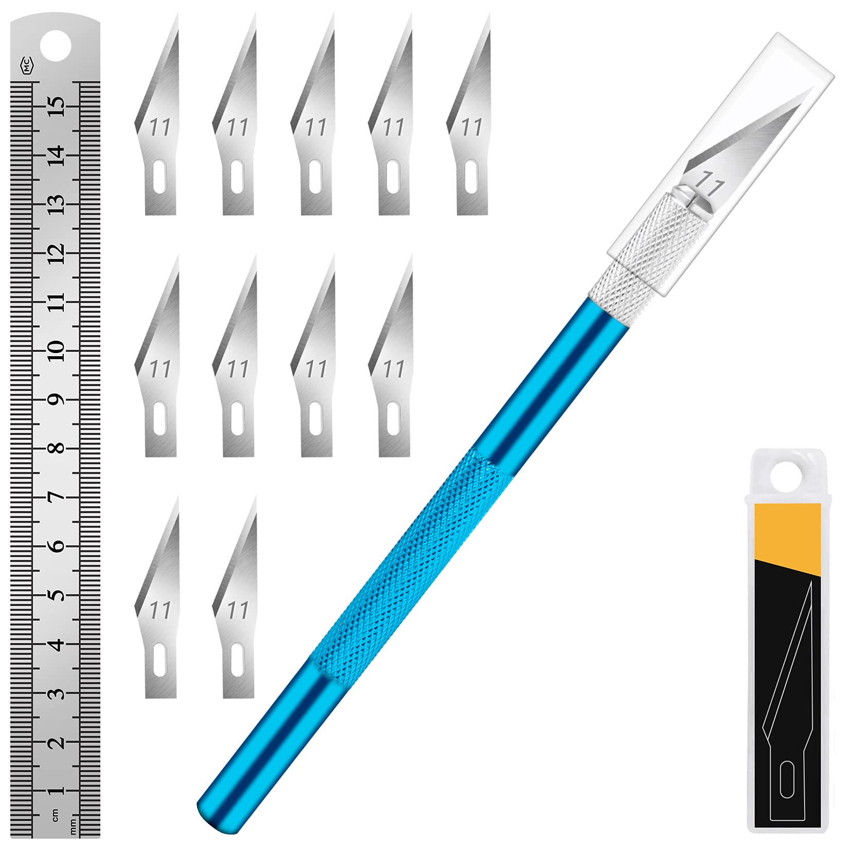 DIYSELF 1 Pcs Craft Knife Hobby Knife with 11 Pcs Stainless Steel Blades Kit, 1pcs Steel 15MM Ruler for Art, Scrapbooking, Stencil(Blue)