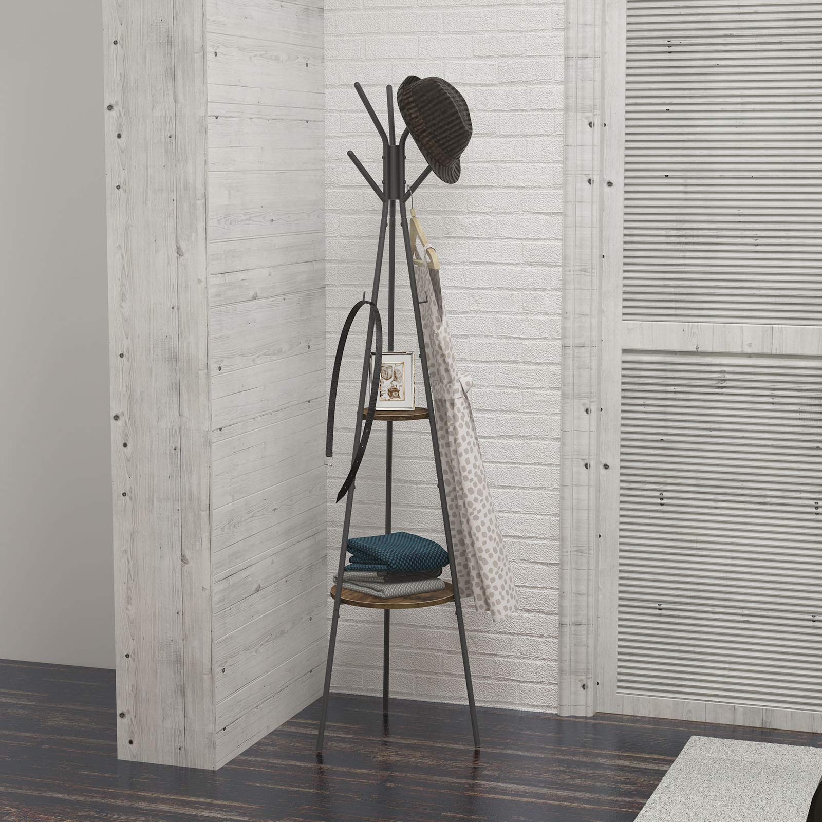 Kiimeey Coat Rack Industrail Metal Freestanding Corner Coat Stand With 2 Shelf