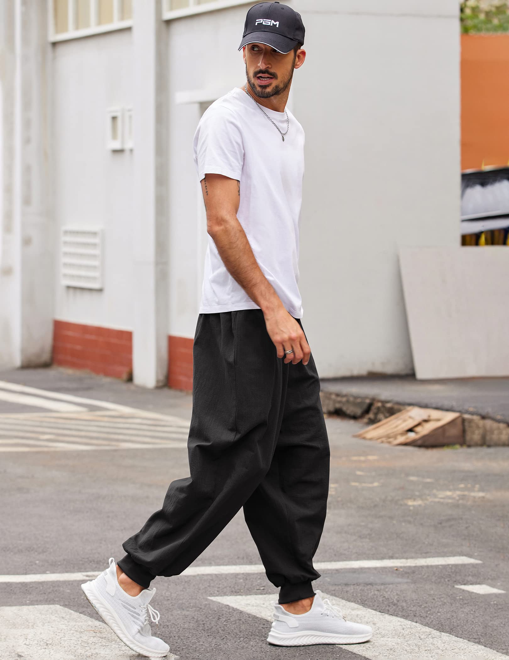 COOFANDY Mens Harem Pants Linen Casual Yoga Loose Fit Hippie Pants Lightweight Beach Trouser Cotton Summer Pants Black