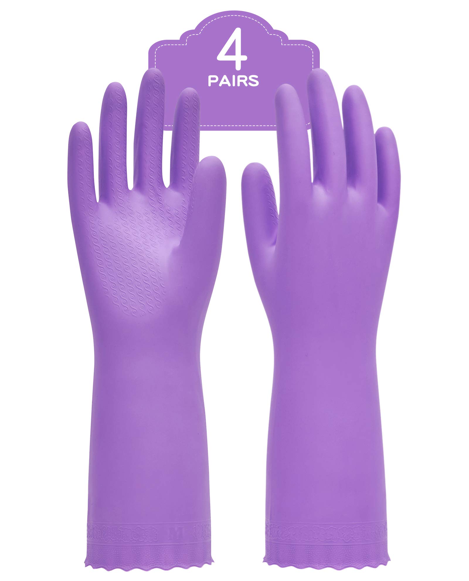 PACIFIC PPE 4 Pairs Reusable Dishwashing Cleaning Gloves with Latex Free, Cotton Lining, Kitchen Gloves, Purple, Small