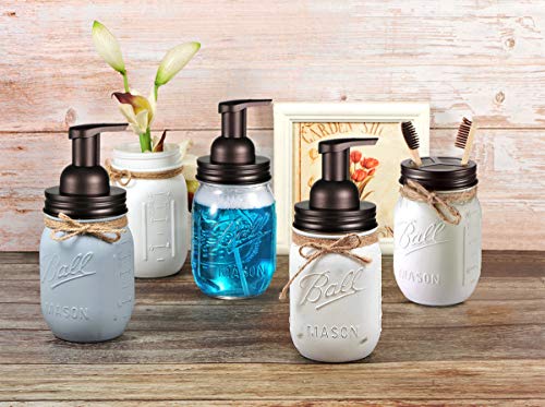 Mason Jar Bathroom Accessories Set(4pcs)- Jars Not Included - Foaming Soap Dispenser,Toothbrush Holder, and Apothecary Storage Jars Lids -Rustic Farmhouse Decor,Brown
