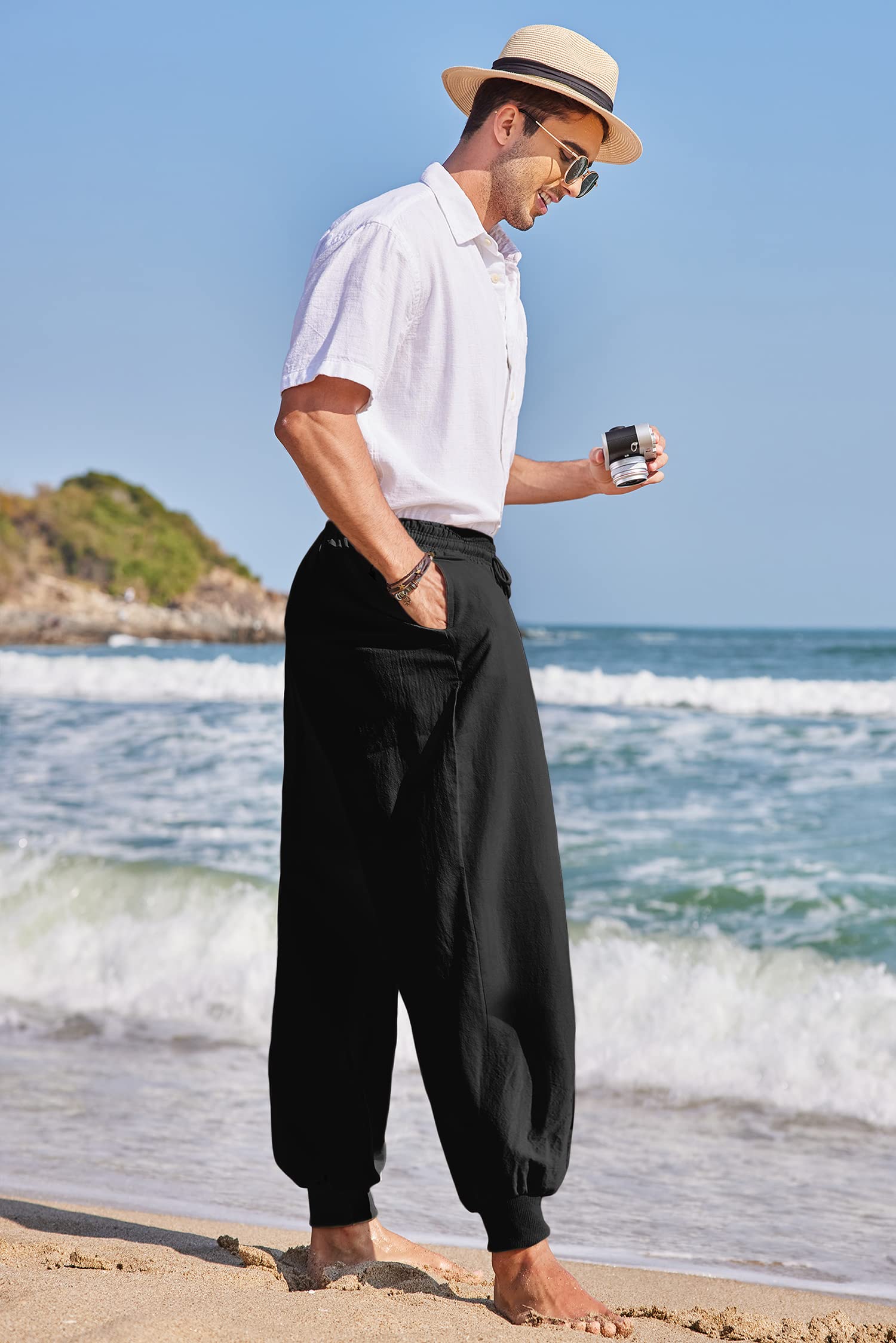 COOFANDY Mens Harem Pants Linen Casual Yoga Loose Fit Hippie Pants Lightweight Beach Trouser Cotton Summer Pants Black