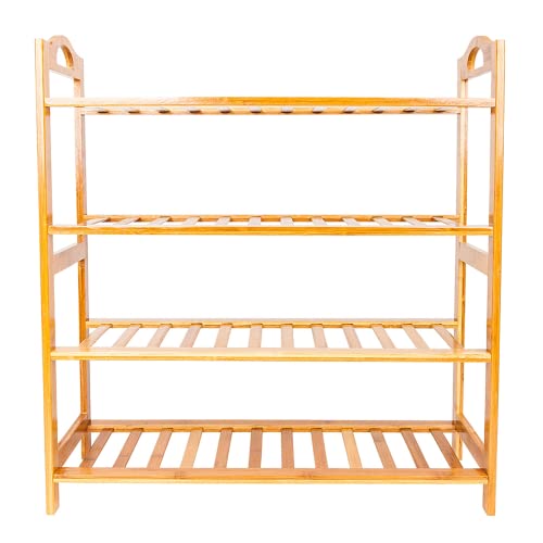 Concise Bamboo Wood Shoe Rack with Handle 4 Tier 12 Pairs Shoe Shelf Storage Organizer Free Standing Natural Color