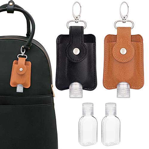 VENTURED LIVING Hand Sanitizer Holder Keychain Set of 2 - Premium Vegan Leather & Leakproof Empty Hand Sanitizer Bottles - Mini Travel Hand Sanitizer Keychain Holder for Backpack & Purse (Black & Tan)