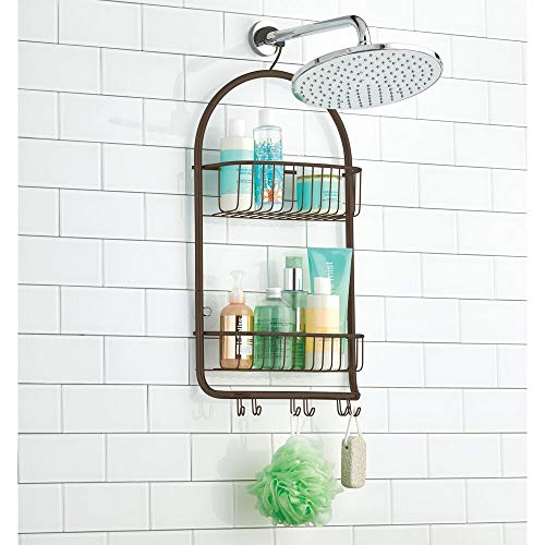 mDesign Extra Wide Hanging Shower Caddy Storage Organizer, Metal Wire Bathroom Organization Center with Built-In Hooks and Baskets on 2 Levels for Shampoo, Body Wash, Loofahs - Bronze