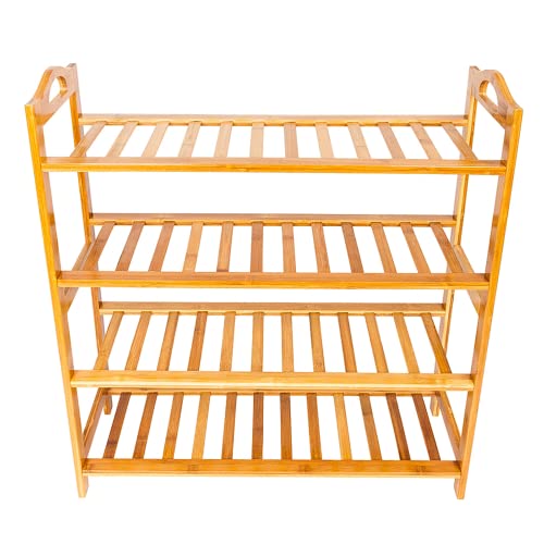 Concise Bamboo Wood Shoe Rack with Handle 4 Tier 12 Pairs Shoe Shelf Storage Organizer Free Standing Natural Color