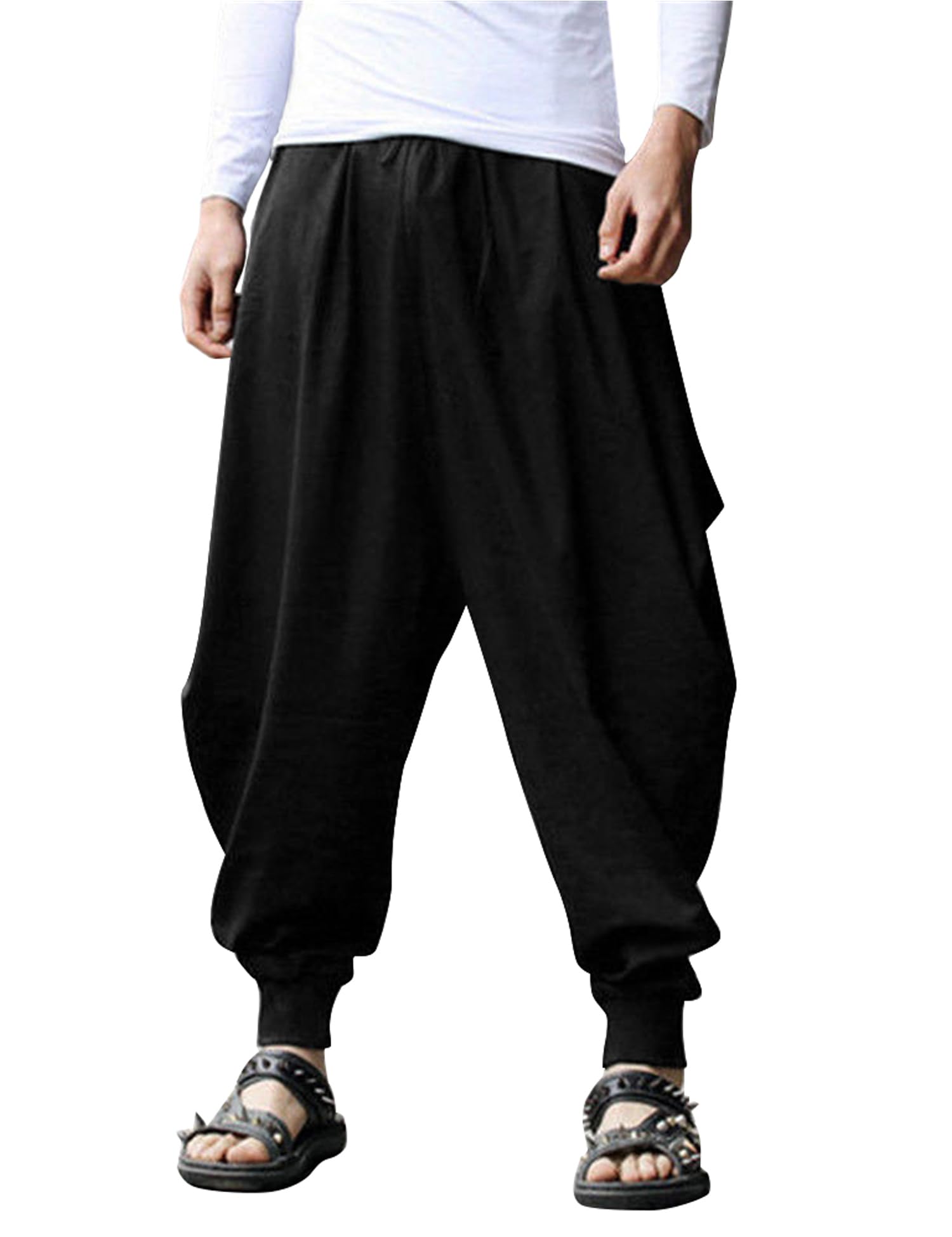 COOFANDY Mens Harem Pants Linen Casual Yoga Loose Fit Hippie Pants Lightweight Beach Trouser Cotton Summer Pants Black