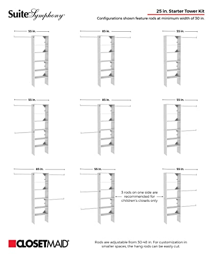 ClosetMaid SuiteSymphony Wood Closet Organizer Starter Kit Tower and 3 Hang Rods, Shelves, Adjustable, Fits Spaces 5 β 10 ft. Wide, Pure White, 25"
