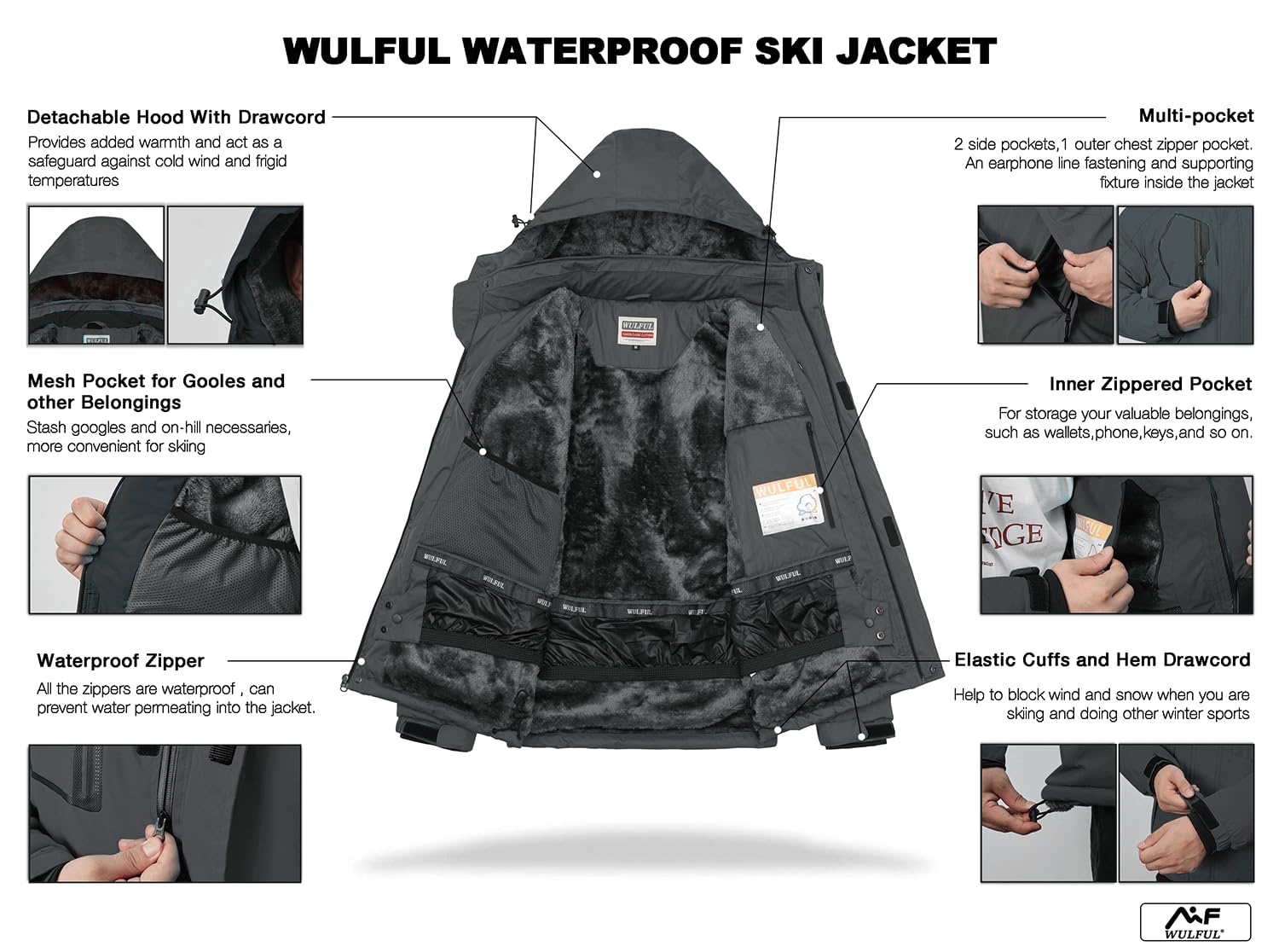 WULFUL Men's Waterproof Ski Jacket Warm Winter Snow Coat Mountain Windbreaker Hooded Raincoat
