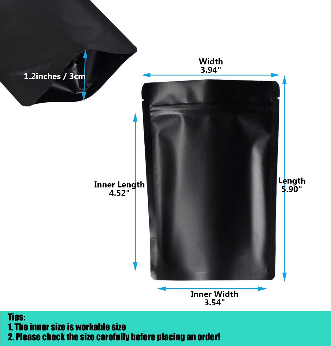 100 Pack Smell Proof Mylar Bags - 4 x 6 Inches Resealable Stand Up Ziplock Bags Food Storage Foil Pouch Matte Black