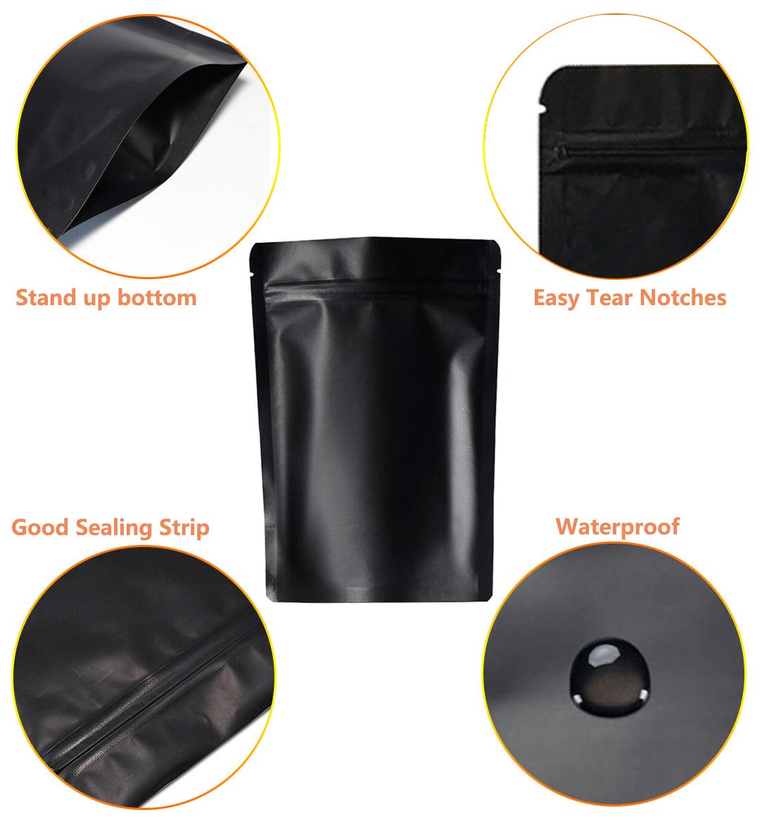 100 Pack Smell Proof Mylar Bags - 4 x 6 Inches Resealable Stand Up Ziplock Bags Food Storage Foil Pouch Matte Black
