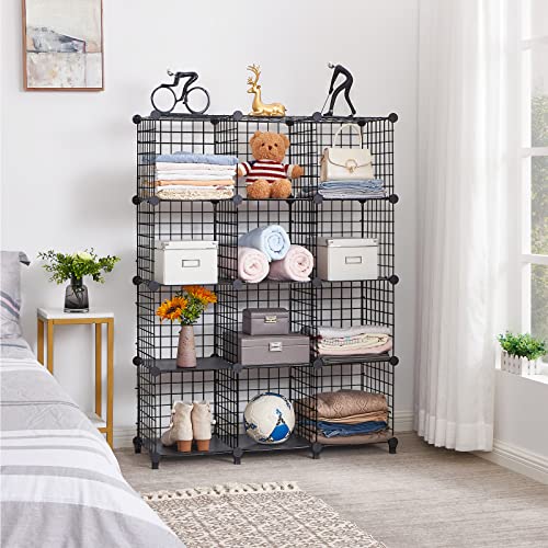 ANWBROAD Wire Cube Storage Organizer, 12 Cube Metal Grid, Wire Shelves Organizer, C grids panels, Stackable Modular Bookshelf, Ideal for Bedroom Living Room Office 11.8β x 11.8β Black ULWT012B