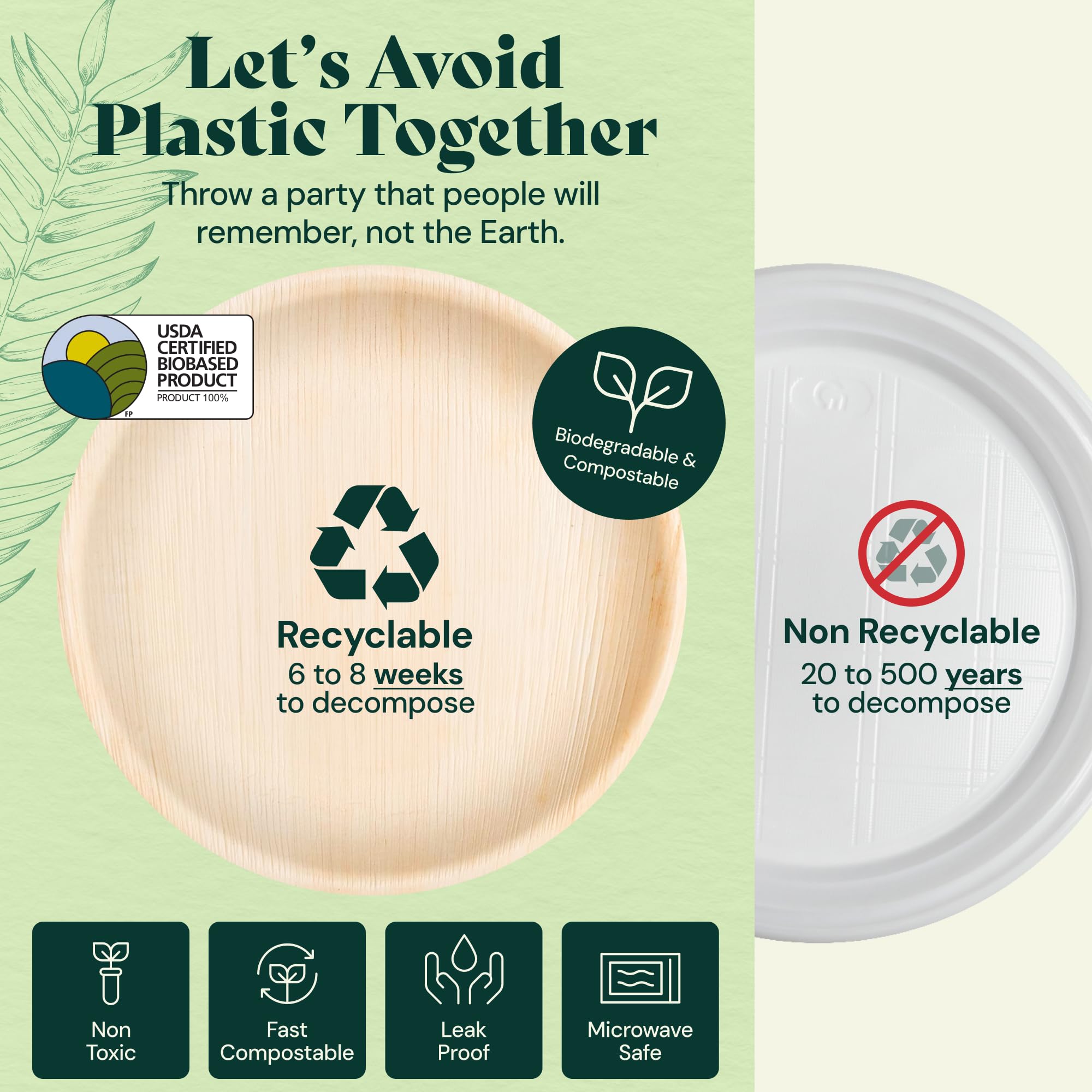 Chic Leaf Palm Leaf Plates Like Bamboo Plates Disposable Compostable and Biodegradable - Wedding, Parties, and Events (48, 10'' + 7'' Party Pack)