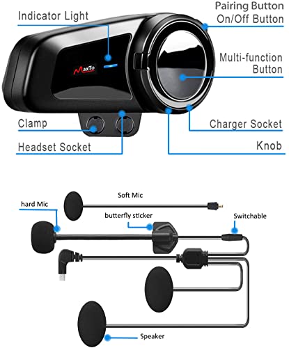 QSPORTPEAK Motorcycle Helmet Bluetooth Intercom Headset Communication Systems Kit, M2 Full Duplex 6 Riders Group Helmet Intercom/FM Radio/Voice Prompt/MP3/GPS Connective/Range 1000m/IP67 Waterproof