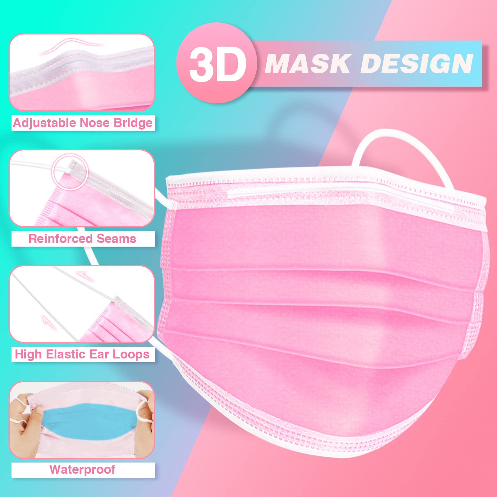 Disposable Face Masks, 50 Pack- 3 Layer Individually Wrapped Masks For Women, Men, Unisex Adults, Breathable Colorful Face Masks Disposable(5 Rainbow Colors)