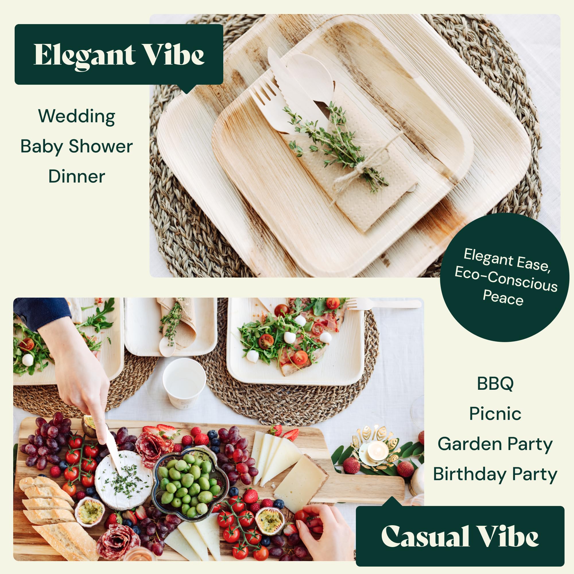 Chic Leaf Palm Leaf Plates Like Bamboo Plates Disposable Compostable and Biodegradable - Wedding, Parties, and Events (48, 10'' + 7'' Party Pack)