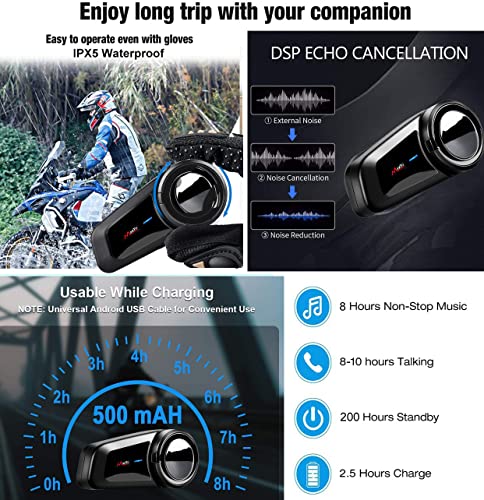 QSPORTPEAK Motorcycle Helmet Bluetooth Intercom Headset Communication Systems Kit, M2 Full Duplex 6 Riders Group Helmet Intercom/FM Radio/Voice Prompt/MP3/GPS Connective/Range 1000m/IP67 Waterproof