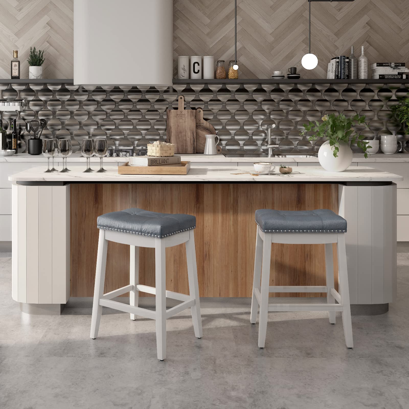 COSTWAY Bar Stools Set of 2, 24-Inch Height Backless Counter Stool with Footrest, Soft Seat Cushion, Wood Legs and Non-Slip Foot Pad, Saddle Stools for Home Kitchen Living Room, Stone Gray+White