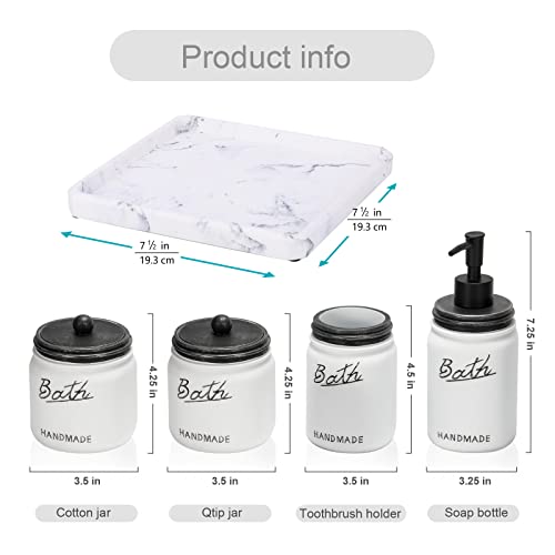 LKKL Mason Jar Bathroom Accessories - 5PCS Mason Jars Soap and Lotion Dispenser Set - Bathroom Sets 2 Apothecary Jars, 1 Toothbrush Holder, 1 Soap Dispenser, 1 Bathroom Tray (Black/White)