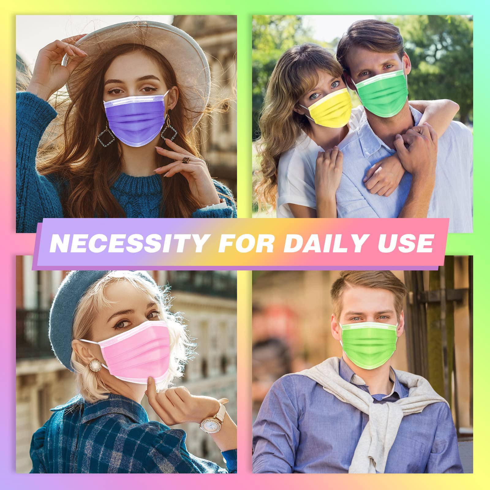 Disposable Face Masks, 50 Pack- 3 Layer Individually Wrapped Masks For Women, Men, Unisex Adults, Breathable Colorful Face Masks Disposable(5 Rainbow Colors)