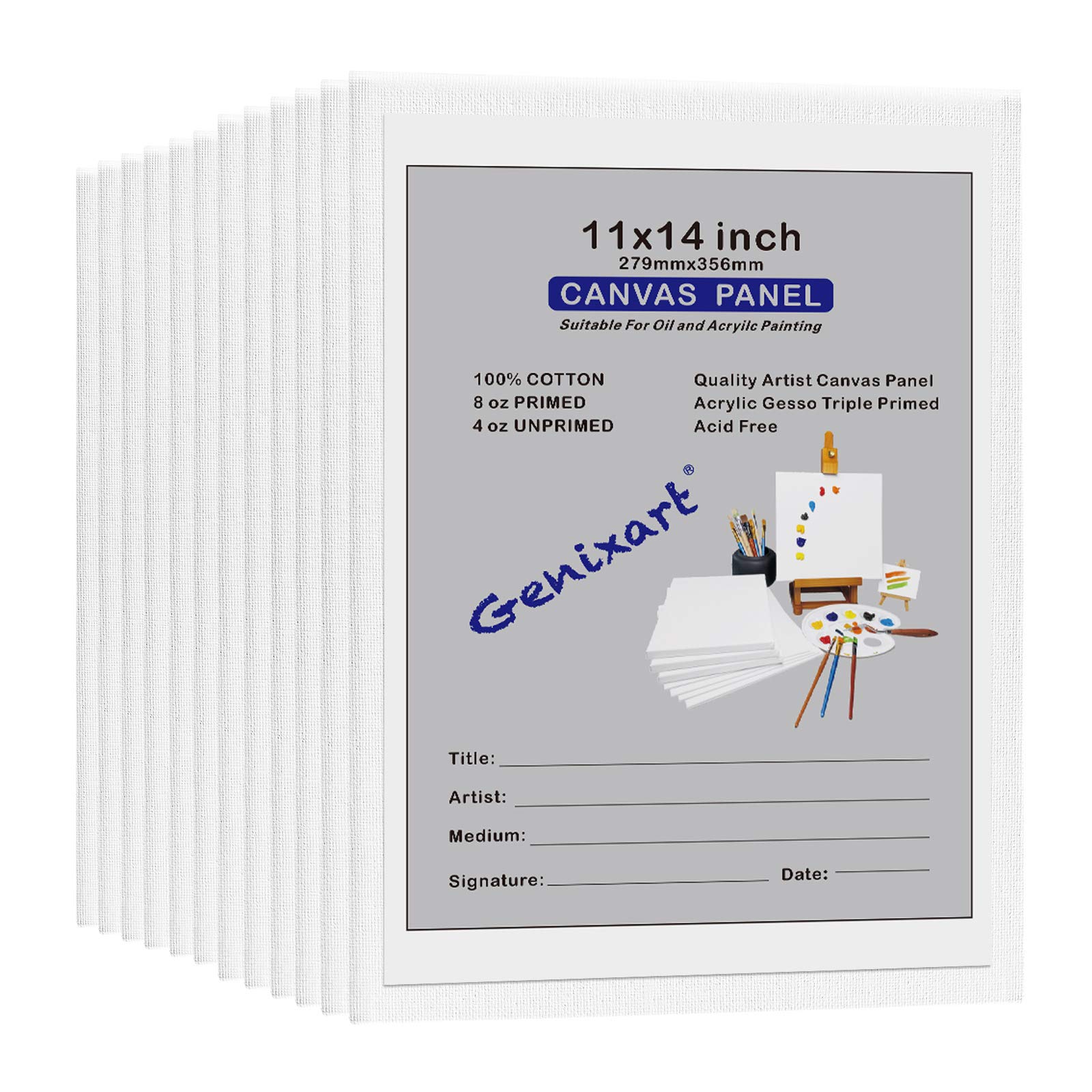 Genixart White Blank Canvas Panels, 11x14 Inch 12 Pack, 100% Cotton, Primed Professional Artist Canvases Boards for Acrylics & Oils Painting