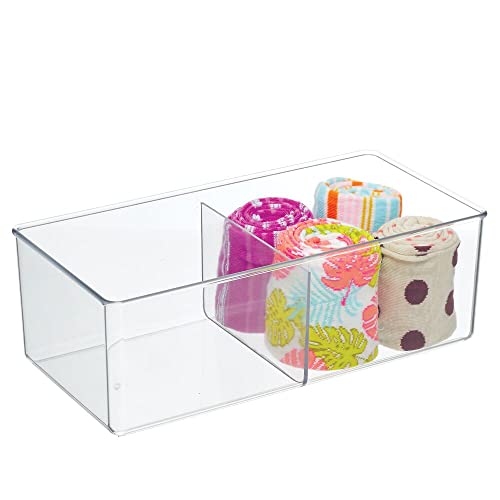 mDesign Plastic 2 Compartment Divided Drawer and Closet Storage Bin - Organizer for Scarves, Socks, Bras, and Underwear - Dress Drawer Organizer, Shelf Organization -2 Pack - Clear