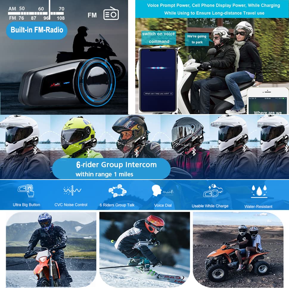 QSPORTPEAK Motorcycle Helmet Bluetooth Intercom Headset Communication Systems Kit, M2 Full Duplex 6 Riders Group Helmet Intercom/FM Radio/Voice Prompt/MP3/GPS Connective/Range 1000m/IP67 Waterproof