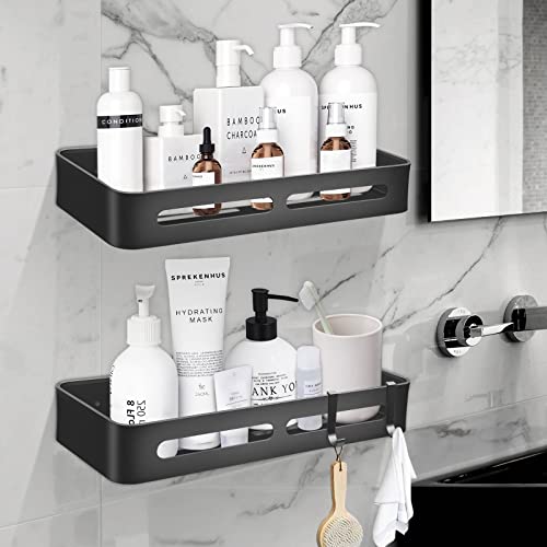 Caddy Shower Set of 2 Adhesive No Drilling Shower Shelves , Rustproof Titanium Alloy Shower Racks, Bathroom Shower Storage Shelves Organizer for Inside Shower & Kitchen with 4 Hooks(Black)