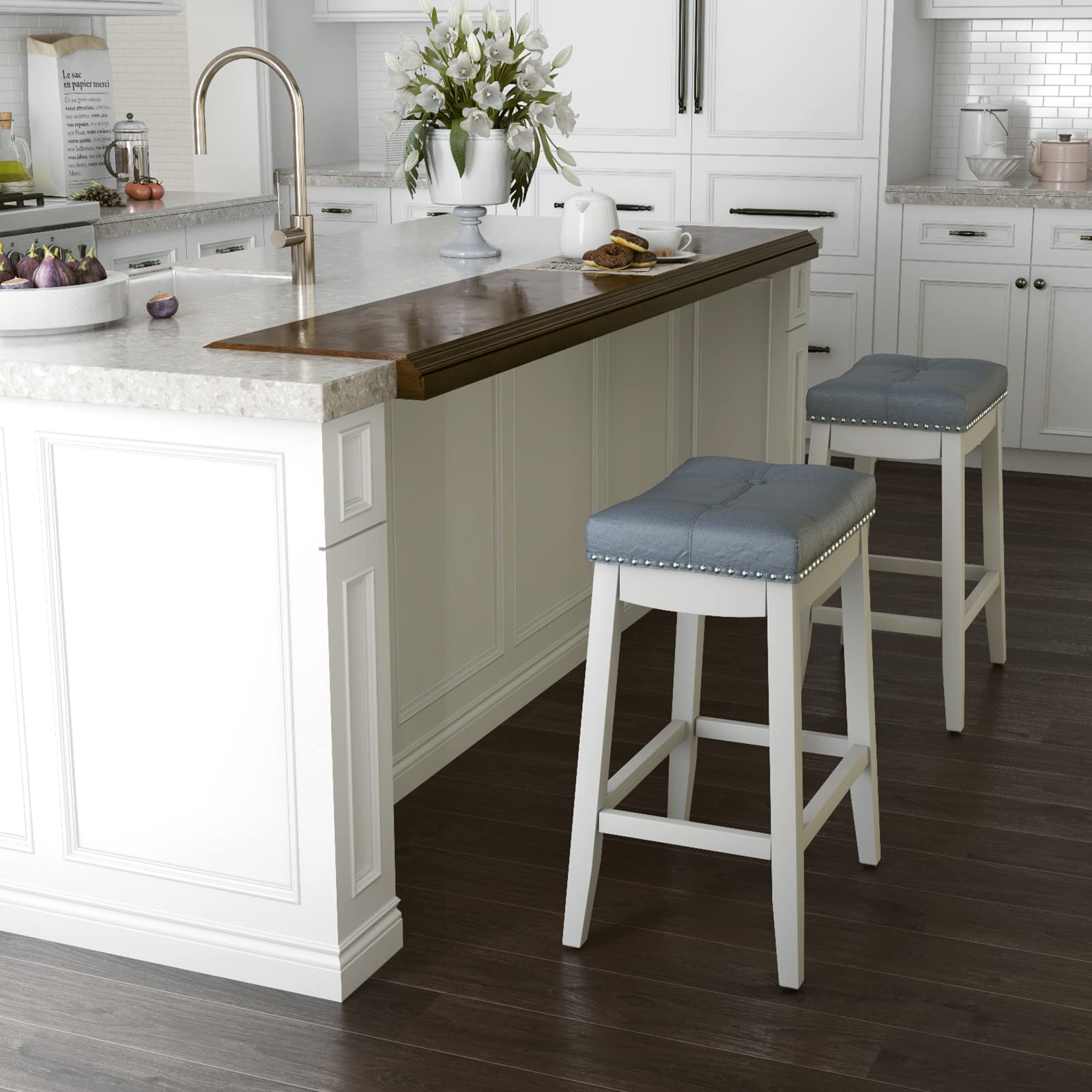 COSTWAY Bar Stools Set of 2, 24-Inch Height Backless Counter Stool with Footrest, Soft Seat Cushion, Wood Legs and Non-Slip Foot Pad, Saddle Stools for Home Kitchen Living Room, Stone Gray+White