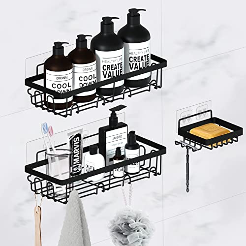 AilyHooms Shower Caddy Bathroom Shower Organizer - 3 Pack Adhesive Shower Shelves With 18 Hooks - No Drilling Wall Mounted Shower Storage Stainless Steel Rustproof Basket Rack for Bathroom Kitchen