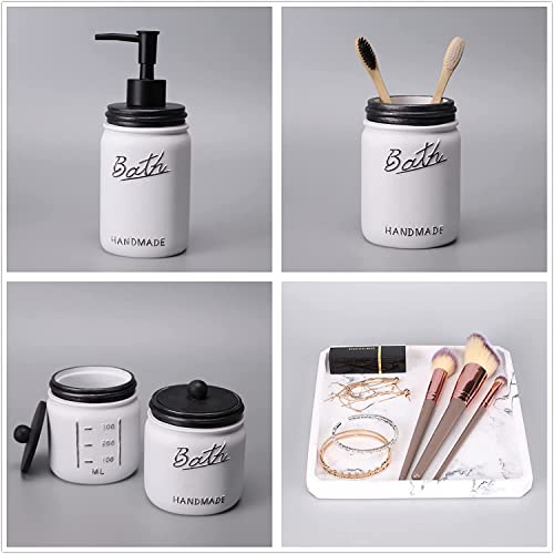 LKKL Mason Jar Bathroom Accessories - 5PCS Mason Jars Soap and Lotion Dispenser Set - Bathroom Sets 2 Apothecary Jars, 1 Toothbrush Holder, 1 Soap Dispenser, 1 Bathroom Tray (Black/White)