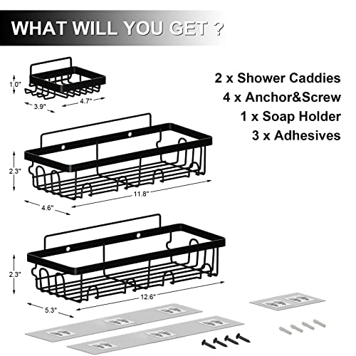 AilyHooms Shower Caddy Bathroom Shower Organizer - 3 Pack Adhesive Shower Shelves With 18 Hooks - No Drilling Wall Mounted Shower Storage Stainless Steel Rustproof Basket Rack for Bathroom Kitchen