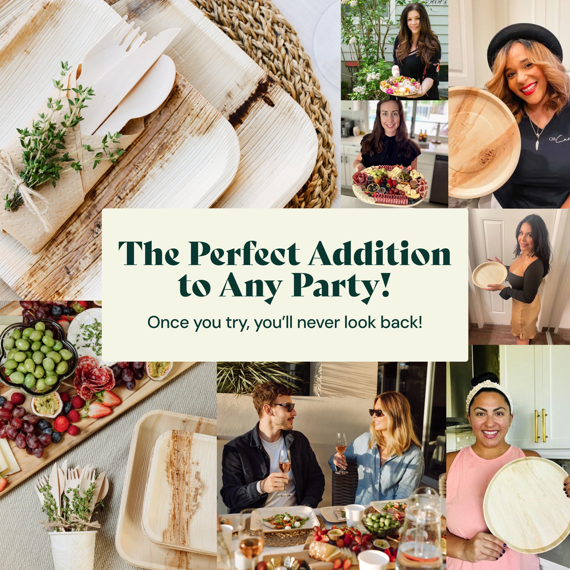 Chic Leaf Palm Leaf Plates Like Bamboo Plates Disposable Compostable and Biodegradable - Wedding, Parties, and Events (48, 10'' + 7'' Party Pack)