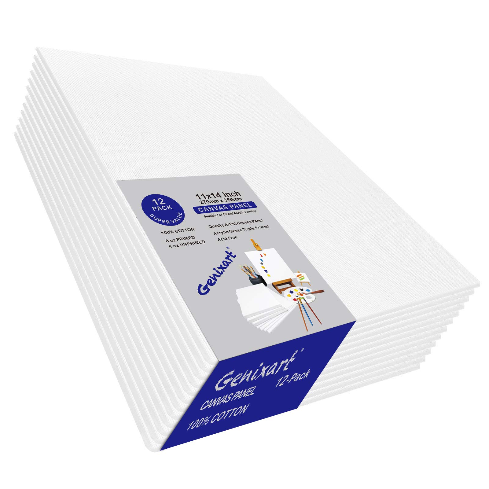 Genixart White Blank Canvas Panels, 11x14 Inch 12 Pack, 100% Cotton, Primed Professional Artist Canvases Boards for Acrylics & Oils Painting