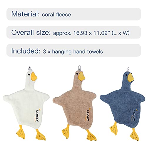 Pearlead 3Pcs Hanging Hand Towels with Hanging Loop Absorbent Coral Fleece Hand Towels for Kitchen Cute Goose Thick Kitchen Cloth Dish Towels Hand Dry Towels for Bathroom Khaki White Blue