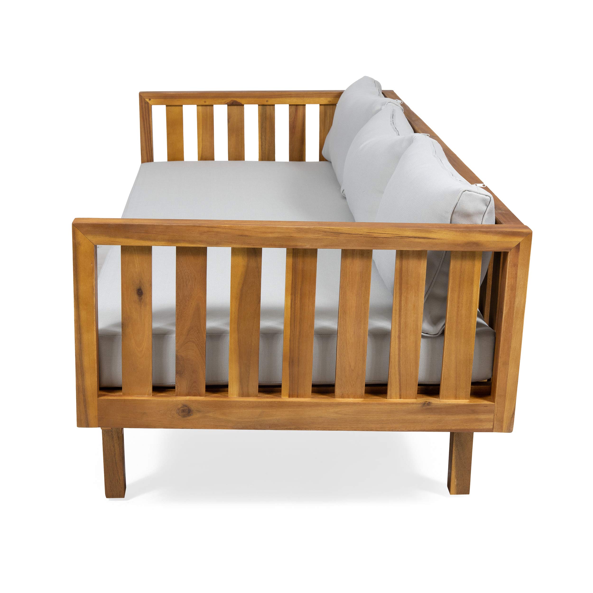 Christopher Knight Home Tina Outdoor 3 Seater Acacia Wood Daybed, Teak Finish, Light Grey