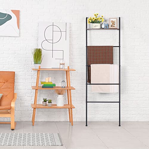 Blanket Ladder Towel Ladder, Wall Leaning Metal Blanket Ladders with Shelf for The Living Room, Black Towel Ladder Rack for Bathroom