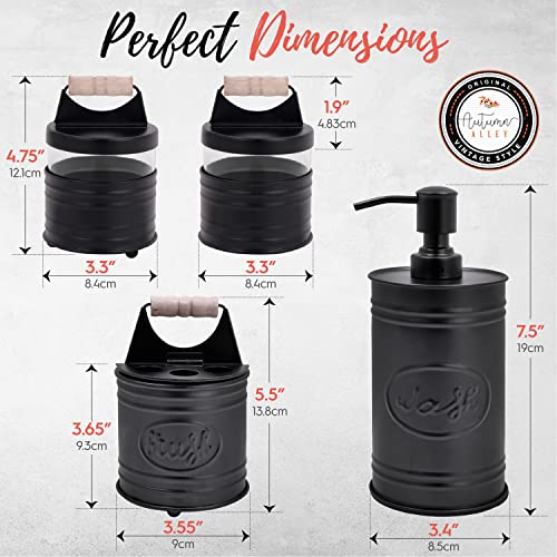 Autumn Alley Rustic Farmhouse Black Bathroom Accessories Set (4 PCS) - Lotion Soap Dispenser, Toothbrush Holder, 2 Apothecary Jars (Qtip Holder) - Rustic Farmhouse Bathroom Decor
