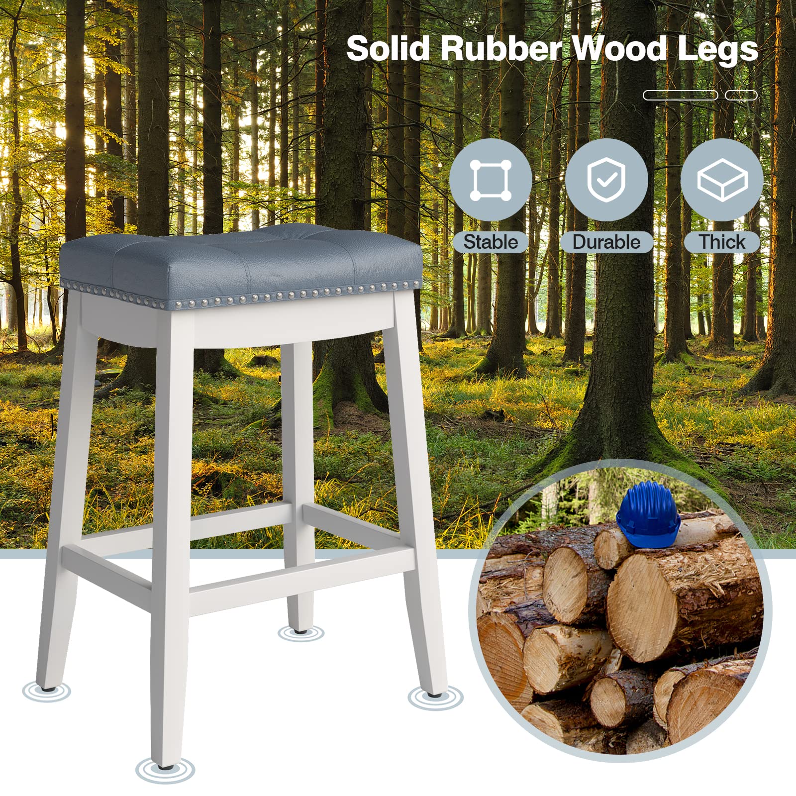 COSTWAY Bar Stools Set of 2, 24-Inch Height Backless Counter Stool with Footrest, Soft Seat Cushion, Wood Legs and Non-Slip Foot Pad, Saddle Stools for Home Kitchen Living Room, Stone Gray+White