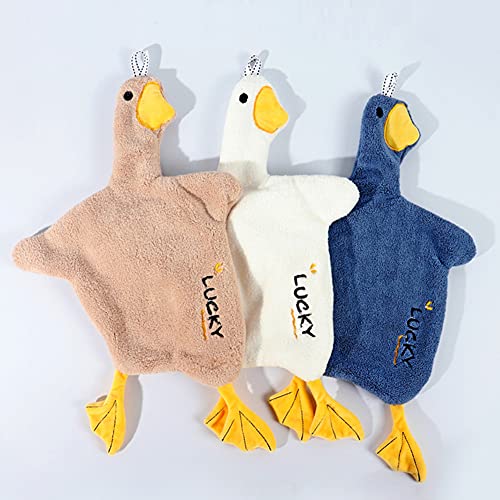 Pearlead 3Pcs Hanging Hand Towels with Hanging Loop Absorbent Coral Fleece Hand Towels for Kitchen Cute Goose Thick Kitchen Cloth Dish Towels Hand Dry Towels for Bathroom Khaki White Blue