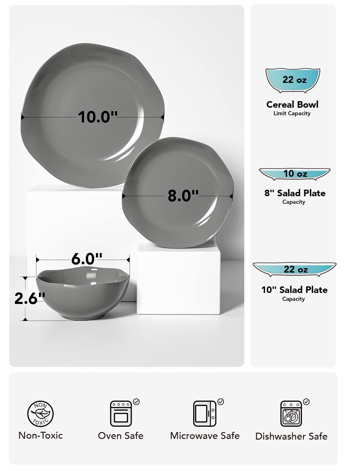 LE TAUCI Dinnerware Sets 12 Piece, Serve for 4, Ceramic Plates and Bowls Set (10" Dinner Plates + 8" Salad Dish + 22 oz Bowl) x 4, Suit For House Warming Wedding, Dishwasher Microwave Oven safe - Grey